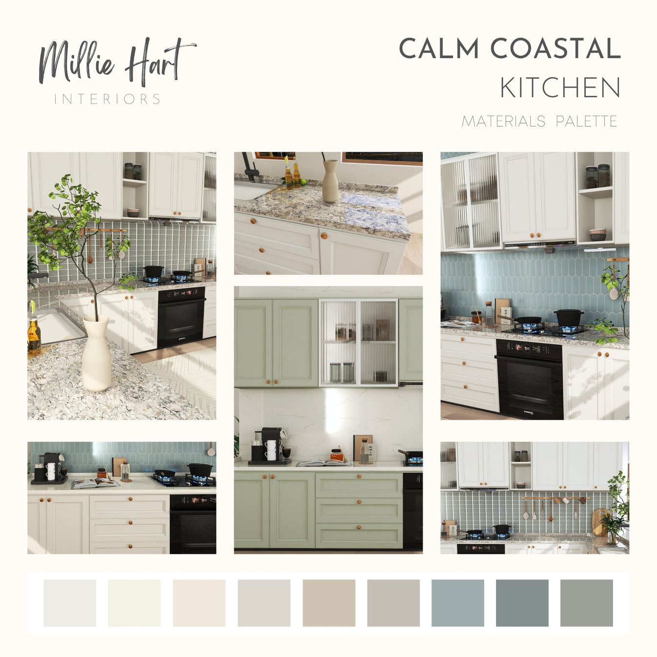Calm Coastal Kitchen Materials Palette, Materials and Paint Colors for ...